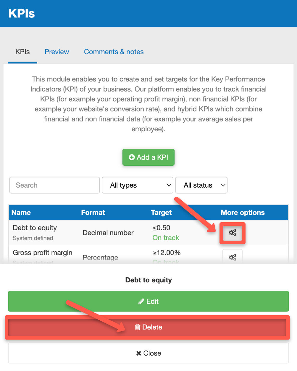 How does the KPI module work in The Business Plan Shop?
