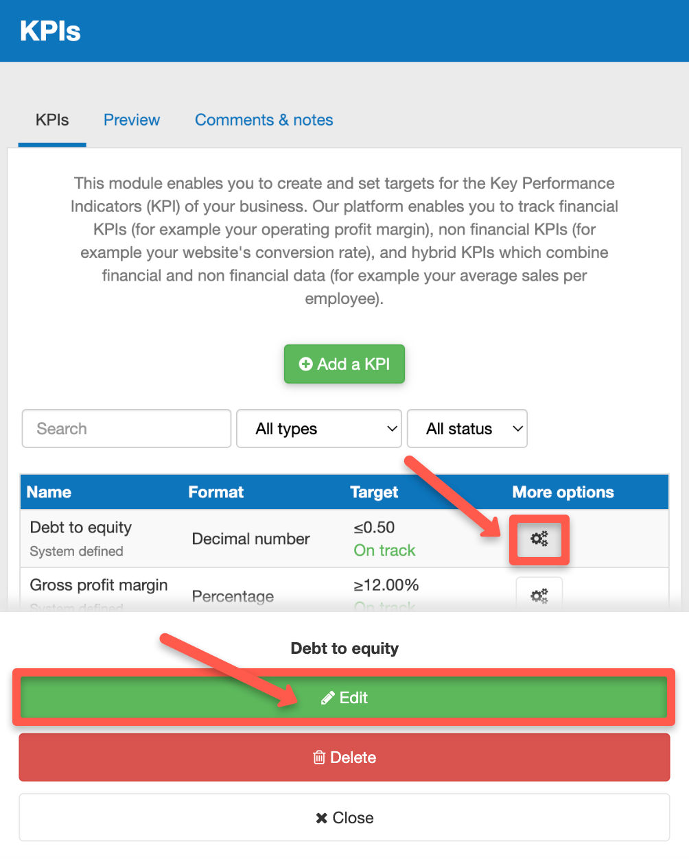 How does the KPI module work in The Business Plan Shop?