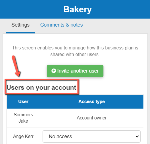 How can I share a project with other users in The Business Plan Shop?